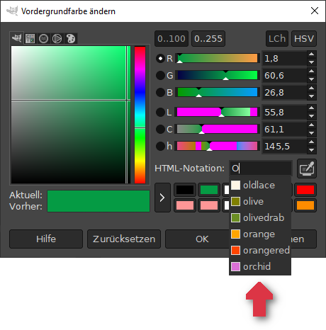 Farbe in GIMP ändern HTML Farbnamen und Notation nutzen