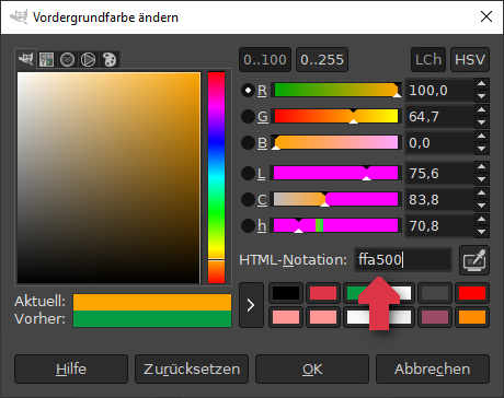 Farbe in GIMP ändern HTML Farbnamen und Notation nutzen